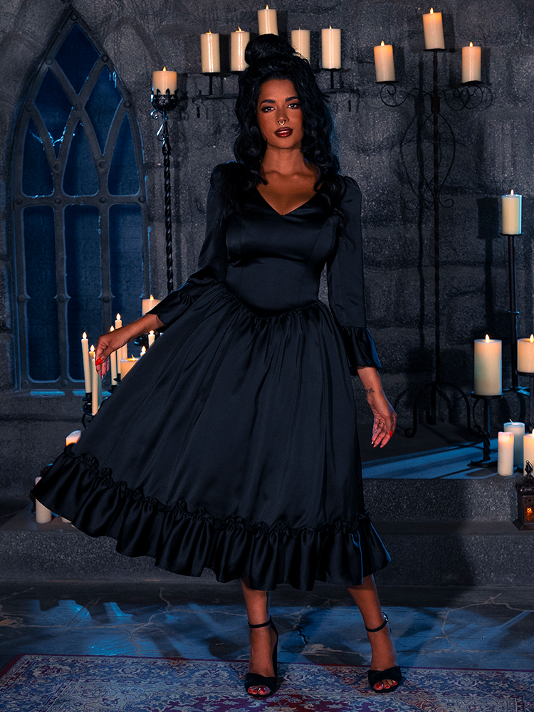 Dark Romance Satin Bustle Dress in Black | Gothic Style Dress – La ...