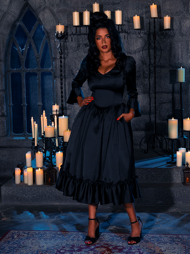 Dark Romance Satin Bustle Dress in Black | Gothic Style Dress – La ...