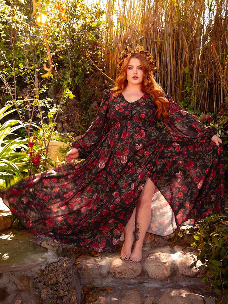 Heroine Maxi Dress in Pomegranate Print | Gothic Style Clothing – La ...