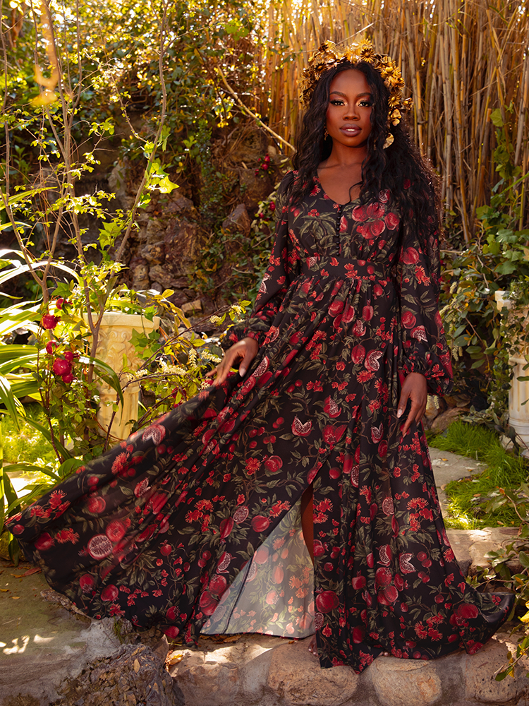 Heroine Maxi Dress in Pomegranate Print | Gothic Style Clothing – La ...