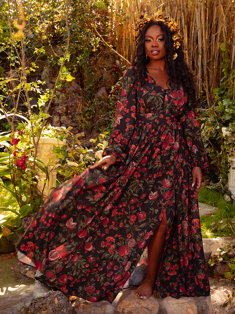 Heroine Maxi Dress in Pomegranate Print | Gothic Style Clothing – La ...