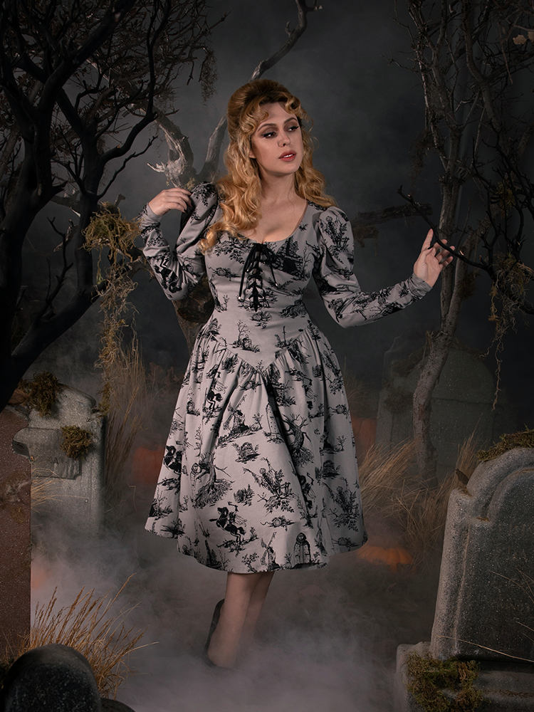 Sleepy Hollow™ Gothic Tales Toile Swing Dress in Grey | Gothic Clothing ...