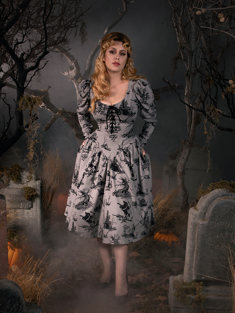 Sleepy Hollow™ Gothic Tales Toile Swing Dress in Grey | Gothic Clothing ...